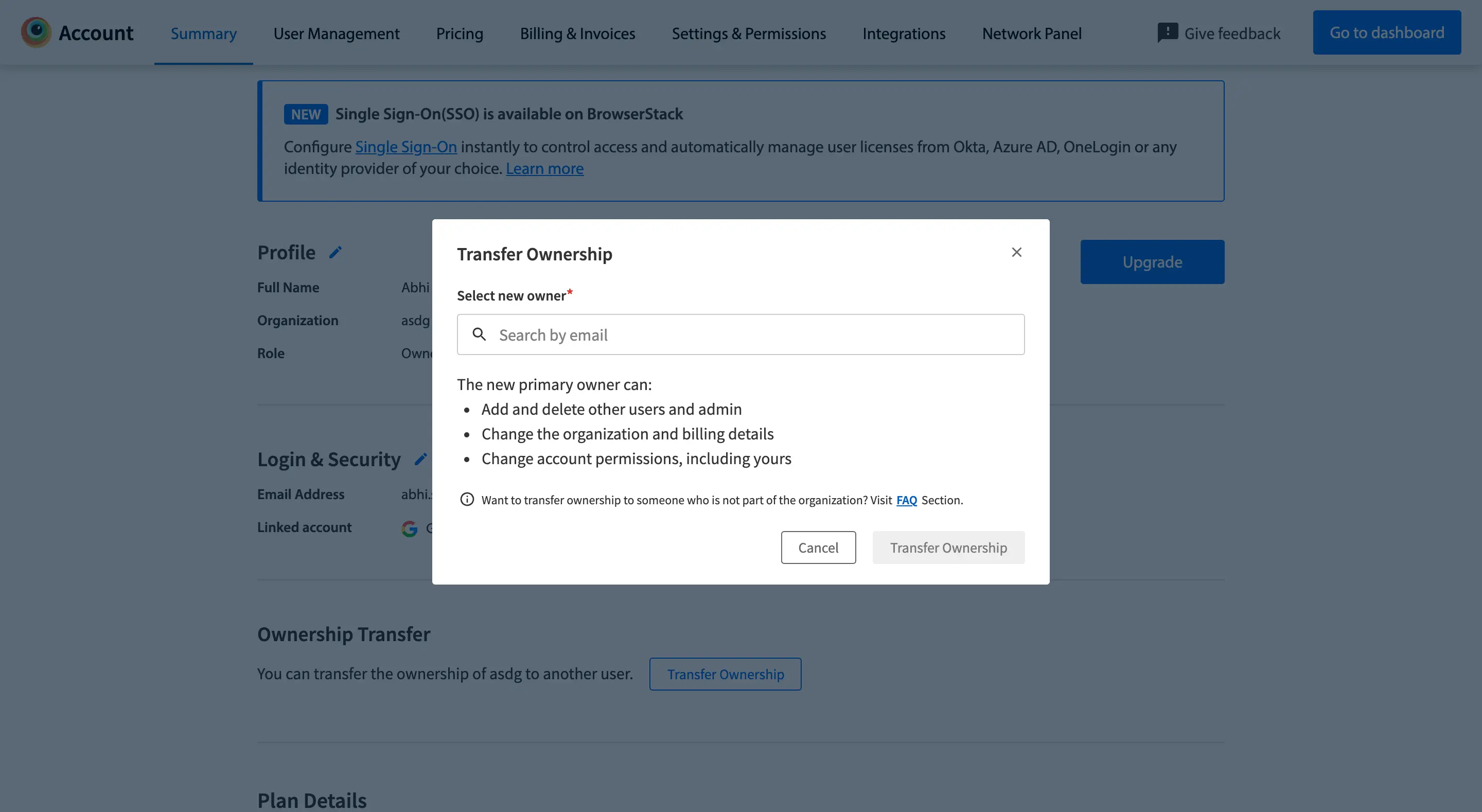 Manage Ownership | BrowserStack Documentation