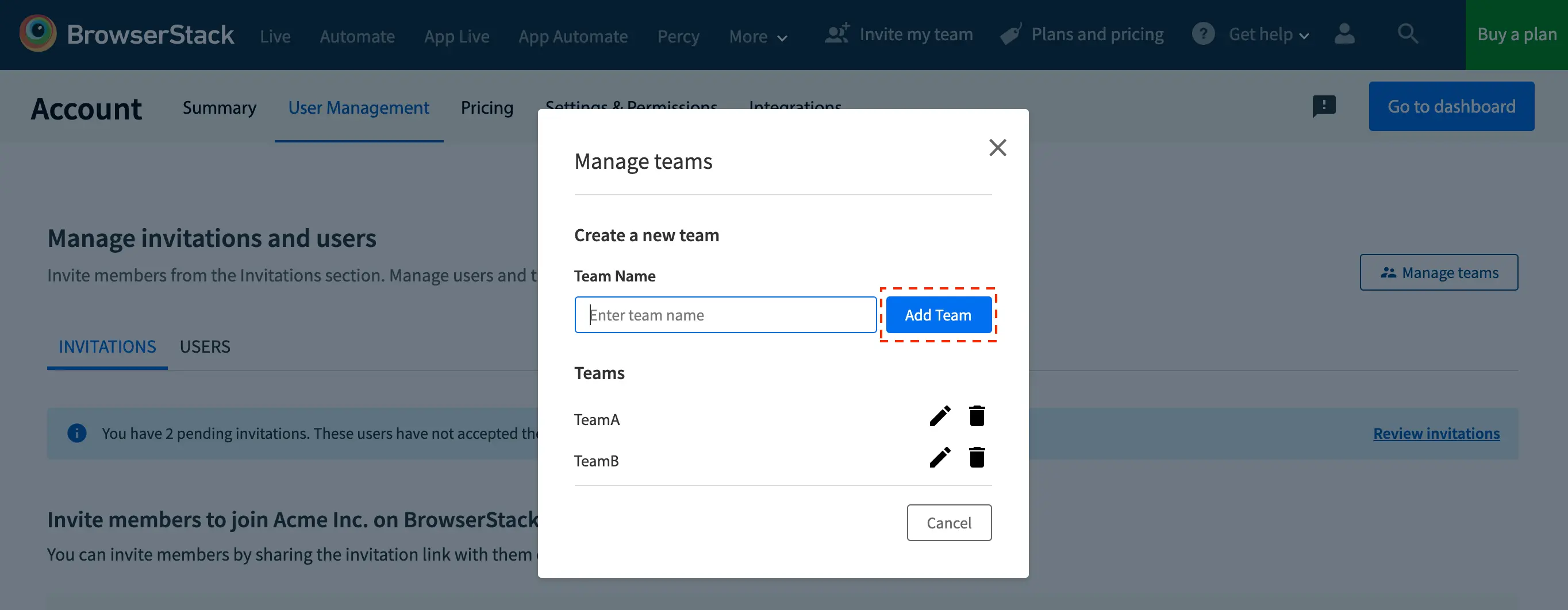 Manage Team | BrowserStack Docs